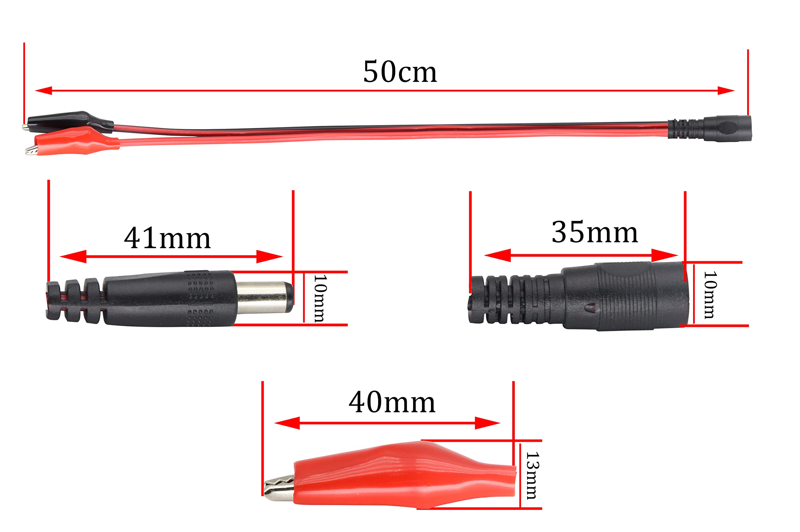 HCFeng DC Plug Power Adapter Cable, 12V DC Male/Female Jack to Alligator Clip Power Cable DC5521(5.5mmx2.1mm) Cable with Double Alligator Clips for CCTV Camera and Lighting[4pack /50cm]