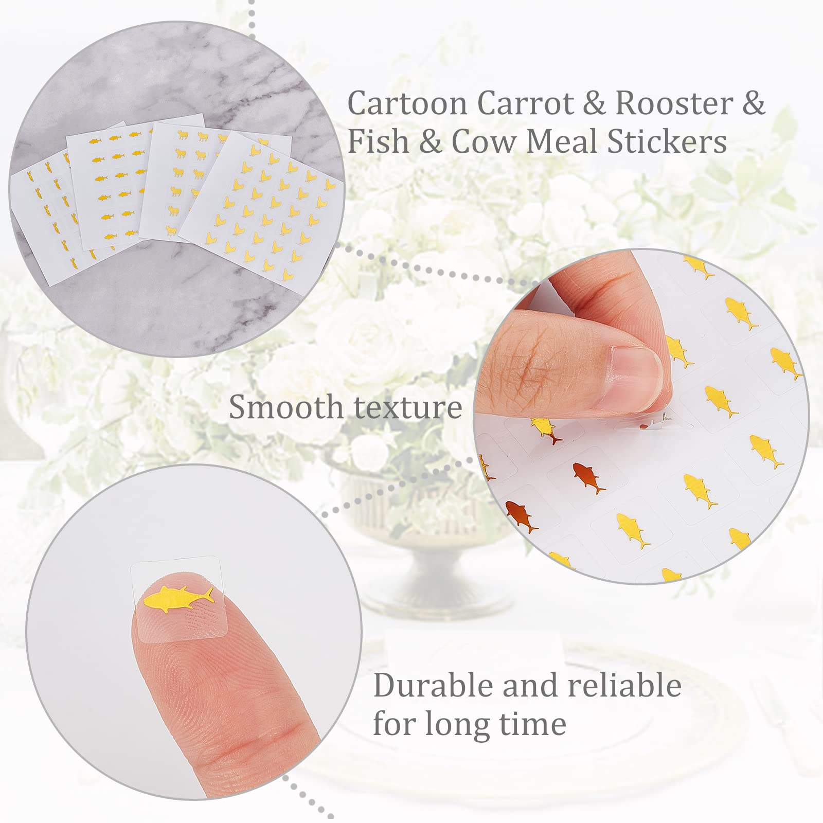 OLYCRAFT 2400Pcs 4 Styles Gold Meal Stickers 0.4 inch Cow/Fish/Chicken/Carrot Meal Choice Stickers Place Card Stickers Wedding Banquet Meal Indicator Stickers for Kitchen Sticker