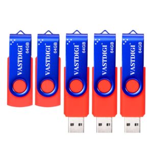 vastdigi 64gb usb flash drives 5 pack usb 2.0 flash drive swivel memory stick thumb drives with led light for data storage and backup