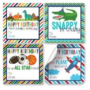 Happy Birthday Gift Tag Stickers for Boys, Set of 24 2.5 X 2.5 Mixed Square Birthday Gift Labels by Amanda Creation