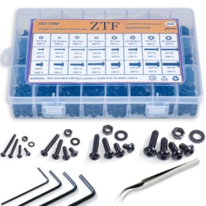 ztf 840pcs hex button head cap bolts screws nuts washers assortment kit, m2 m3 m4 m5 bolts screws with storage box, 10.9 grade alloy steel machine thread, iso 7380 allen socket drive