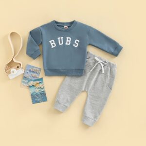 Doisbetthsay Toddler Baby Boys Fall Winter Clothes Letter Crewneck Sweatshirt Pullover Top Long Pant Jogger Outfits Long Sleeve 2Pcs (BUBS Blue,6-12 Months)