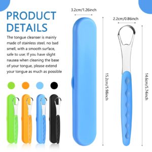 4 Pcs Tongue Scraper Cleaner Adults and Kids Stainless Steel Tongue Brush Metal Tongue Scraper Reduce Bad Breath with Travel Cases for Men Women Oral Mouth, Orange, Black, Green and Blue