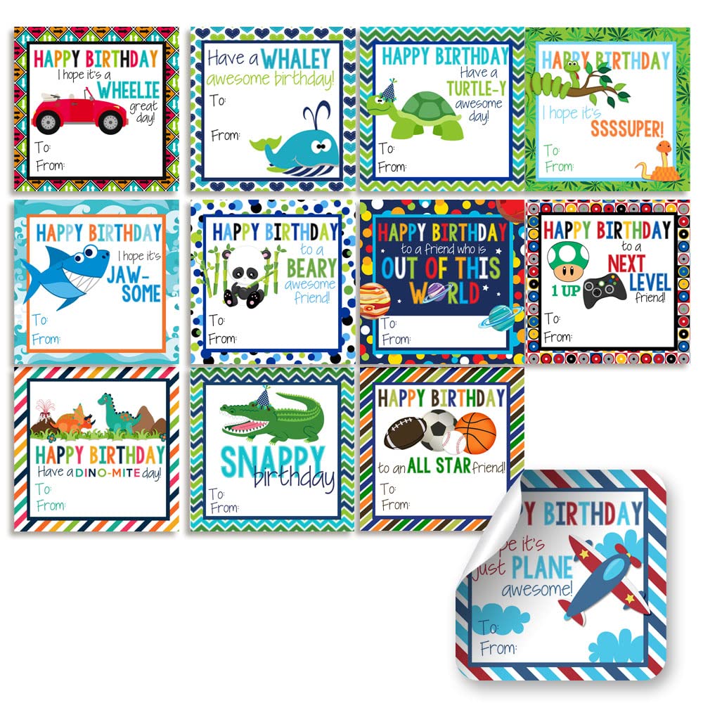 Happy Birthday Gift Tag Stickers for Boys, Set of 24 2.5 X 2.5 Mixed Square Birthday Gift Labels by Amanda Creation