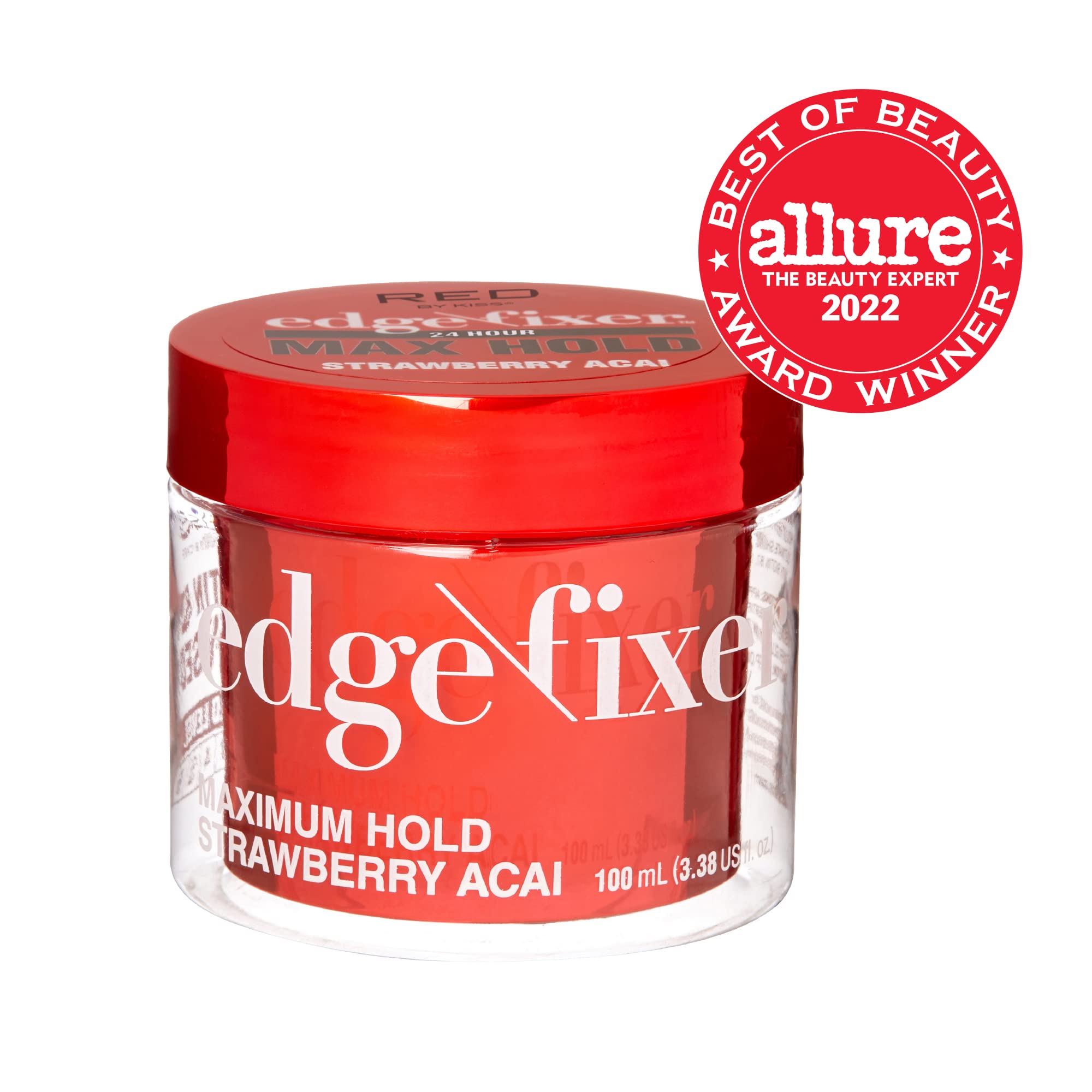 Red by Kiss Edge Fixer Hair Shine Gel, 24 Hour Max Hold, Non-Flaking, Biotin B7 Infused, Natural Styling, Professional Edge Control Wax, Perfect for Braiding (Strawberry Acai)