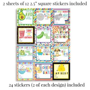 Happy Birthday Food & Animal Themed Gift Tag Stickers, Set of 24 2.5 X 2.5 Mixed Square Birthday Gift Labels by Amanda Creation