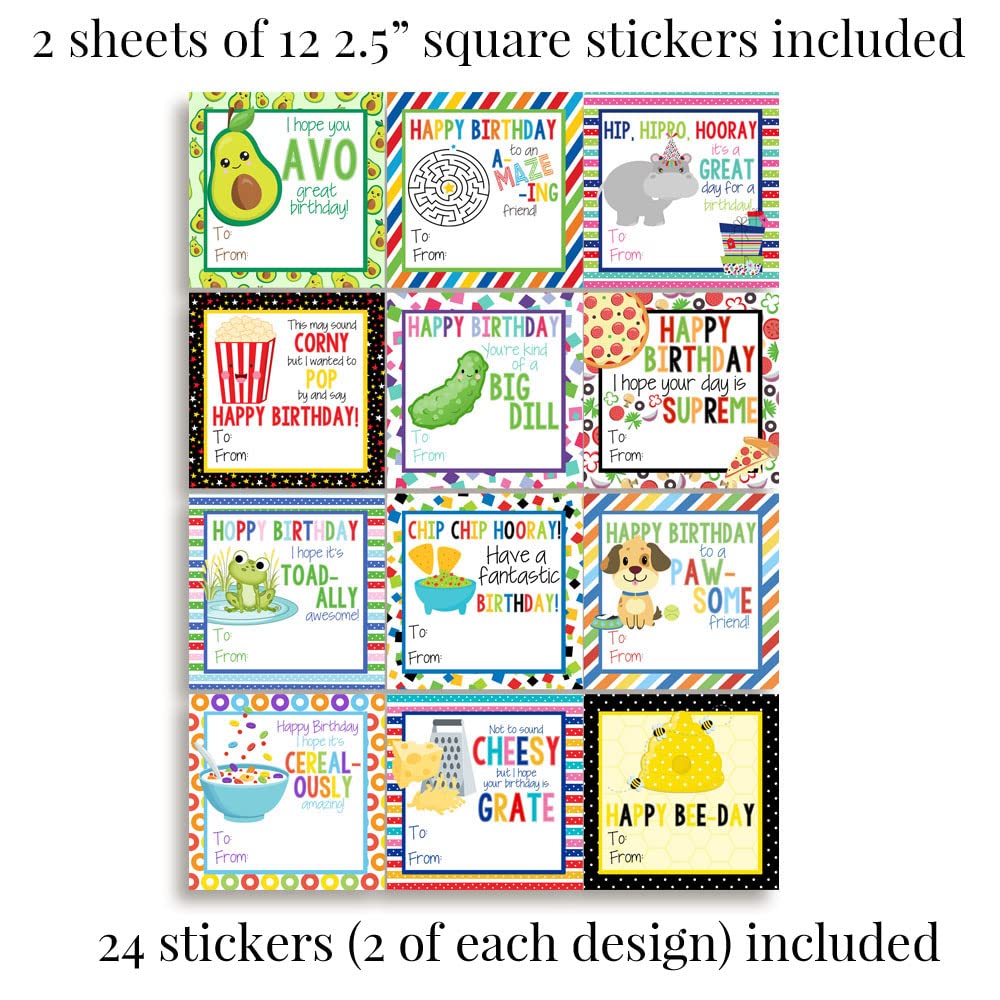 Happy Birthday Food & Animal Themed Gift Tag Stickers, Set of 24 2.5 X 2.5 Mixed Square Birthday Gift Labels by Amanda Creation