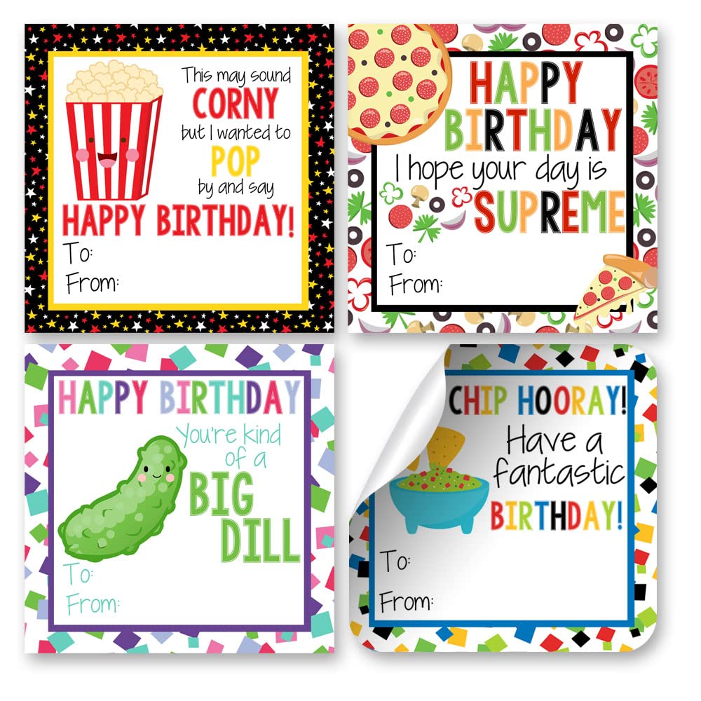 Happy Birthday Food & Animal Themed Gift Tag Stickers, Set of 24 2.5 X 2.5 Mixed Square Birthday Gift Labels by Amanda Creation