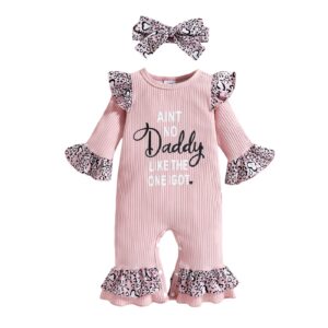 tiacham baby girl clothes newborn romper aint no daddy like the one i got outfit leopard jumpsuit headband (pink, 0-3 months)