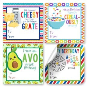 Happy Birthday Food & Animal Themed Gift Tag Stickers, Set of 24 2.5 X 2.5 Mixed Square Birthday Gift Labels by Amanda Creation