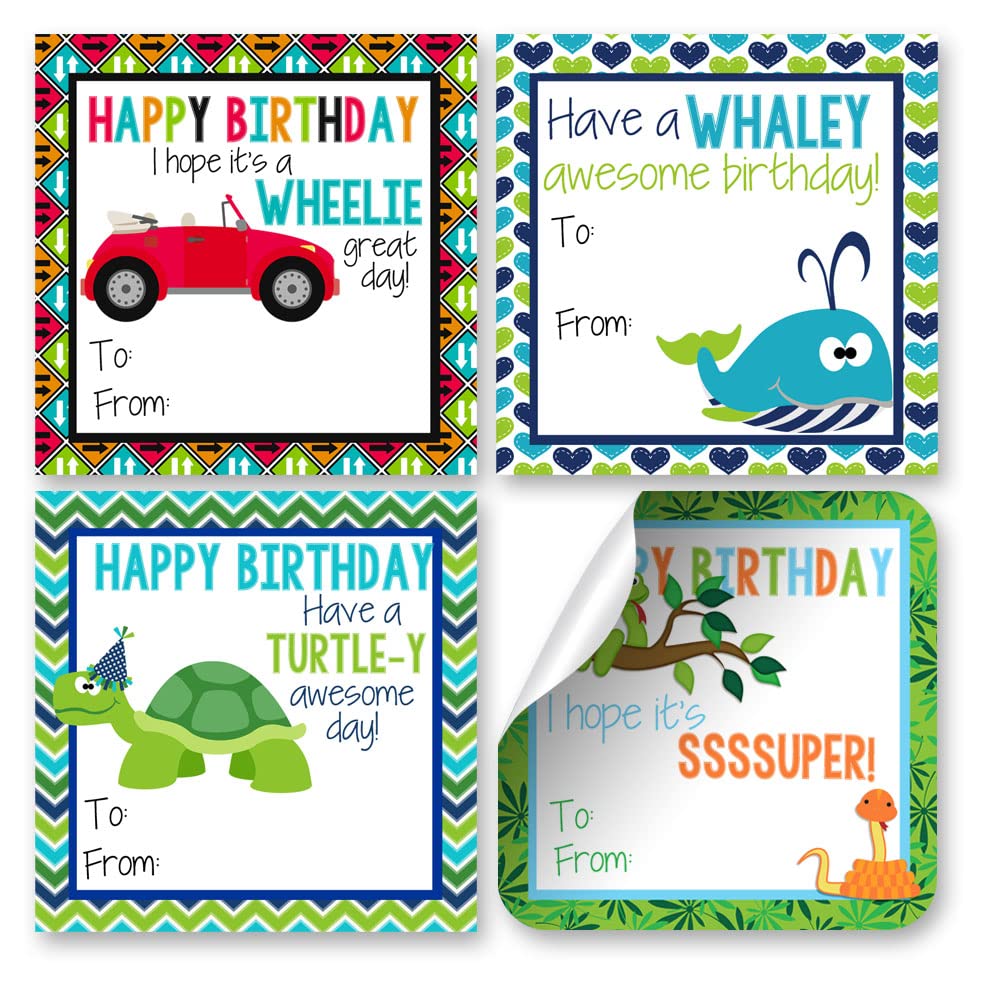 Happy Birthday Gift Tag Stickers for Boys, Set of 24 2.5 X 2.5 Mixed Square Birthday Gift Labels by Amanda Creation