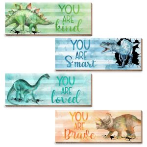 dinosaur room decor for boys, dinosaur room decor for bedroom, 4 pieces dinosaur decor, wooden wall signs for boys kids toddlers room bedroom nursery, dinosaur birthday party decorations