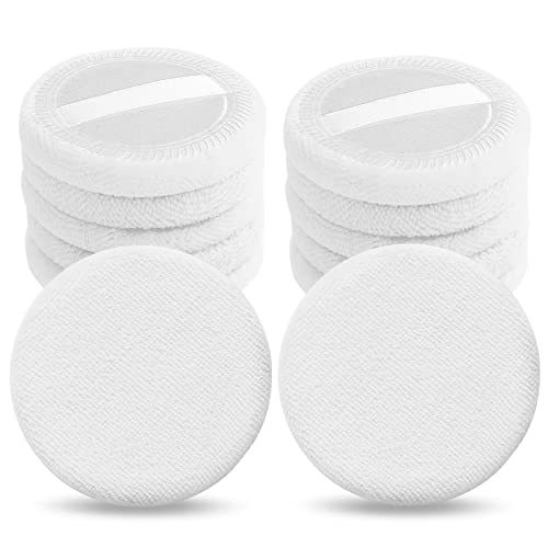 Sibba Loose Powder Puff 12 Pieces Round Velour Face Makeup Compact Body Container Setting Pressed Blending Foundation Cream Make Up Ribbon Strap Sponge Cushion Applicator (White)