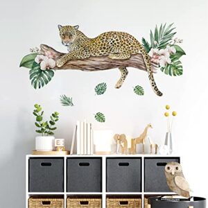 yovkky cheetah leopard wall decals stickers, safari jaguar trunk palm leaves home bedroom decor, wild jungle african animal tropical flower living room kitchen decorations art