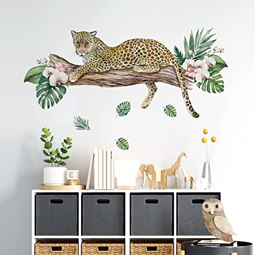 Yovkky Cheetah Leopard Wall Decals Stickers, Safari Jaguar Trunk Palm Leaves Home Bedroom Decor, Wild Jungle African Animal Tropical Flower Living Room Kitchen Decorations Art