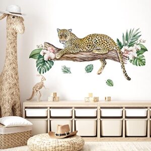 Yovkky Cheetah Leopard Wall Decals Stickers, Safari Jaguar Trunk Palm Leaves Home Bedroom Decor, Wild Jungle African Animal Tropical Flower Living Room Kitchen Decorations Art