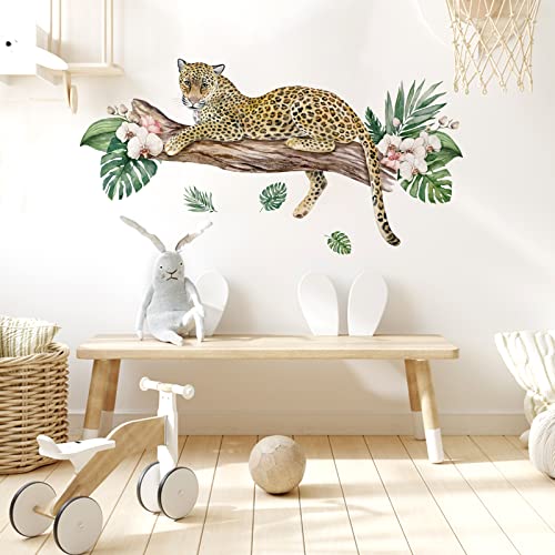 Yovkky Cheetah Leopard Wall Decals Stickers, Safari Jaguar Trunk Palm Leaves Home Bedroom Decor, Wild Jungle African Animal Tropical Flower Living Room Kitchen Decorations Art