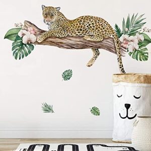 Yovkky Cheetah Leopard Wall Decals Stickers, Safari Jaguar Trunk Palm Leaves Home Bedroom Decor, Wild Jungle African Animal Tropical Flower Living Room Kitchen Decorations Art