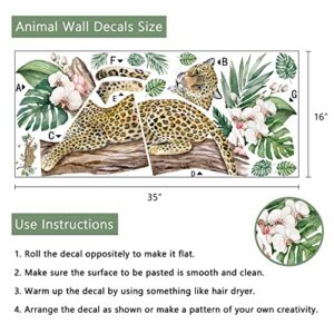 Yovkky Cheetah Leopard Wall Decals Stickers, Safari Jaguar Trunk Palm Leaves Home Bedroom Decor, Wild Jungle African Animal Tropical Flower Living Room Kitchen Decorations Art