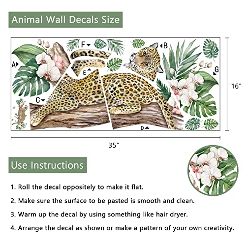 Yovkky Cheetah Leopard Wall Decals Stickers, Safari Jaguar Trunk Palm Leaves Home Bedroom Decor, Wild Jungle African Animal Tropical Flower Living Room Kitchen Decorations Art