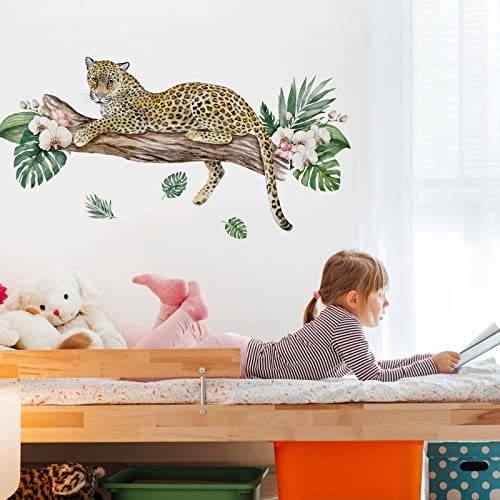 Yovkky Cheetah Leopard Wall Decals Stickers, Safari Jaguar Trunk Palm Leaves Home Bedroom Decor, Wild Jungle African Animal Tropical Flower Living Room Kitchen Decorations Art