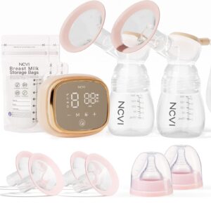 ncvi double electric breast pump 8102, upgraded 4400mah battery with night light, portable breast pump for breastfeeding, 4 modes & 9 levels, led display, with 8 flanges, breastmilk bags, nursing pads