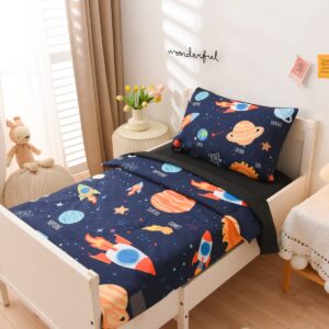 NTBED 4 Pieces Toddler Bedding Set for Baby Girls Boys,Galaxy Space Planet Printed, Includes Comforter, Flat Sheet, Fitted Sheet and Pillowcase