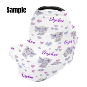 Personalized Elephant Love Heart Baby Car Seat Covers with Name, Custom Nursing Cover Breastfeeding for Babies, Carseat Canopy for Girls, Infant Stroller Cover, Breathable Carseats Cover