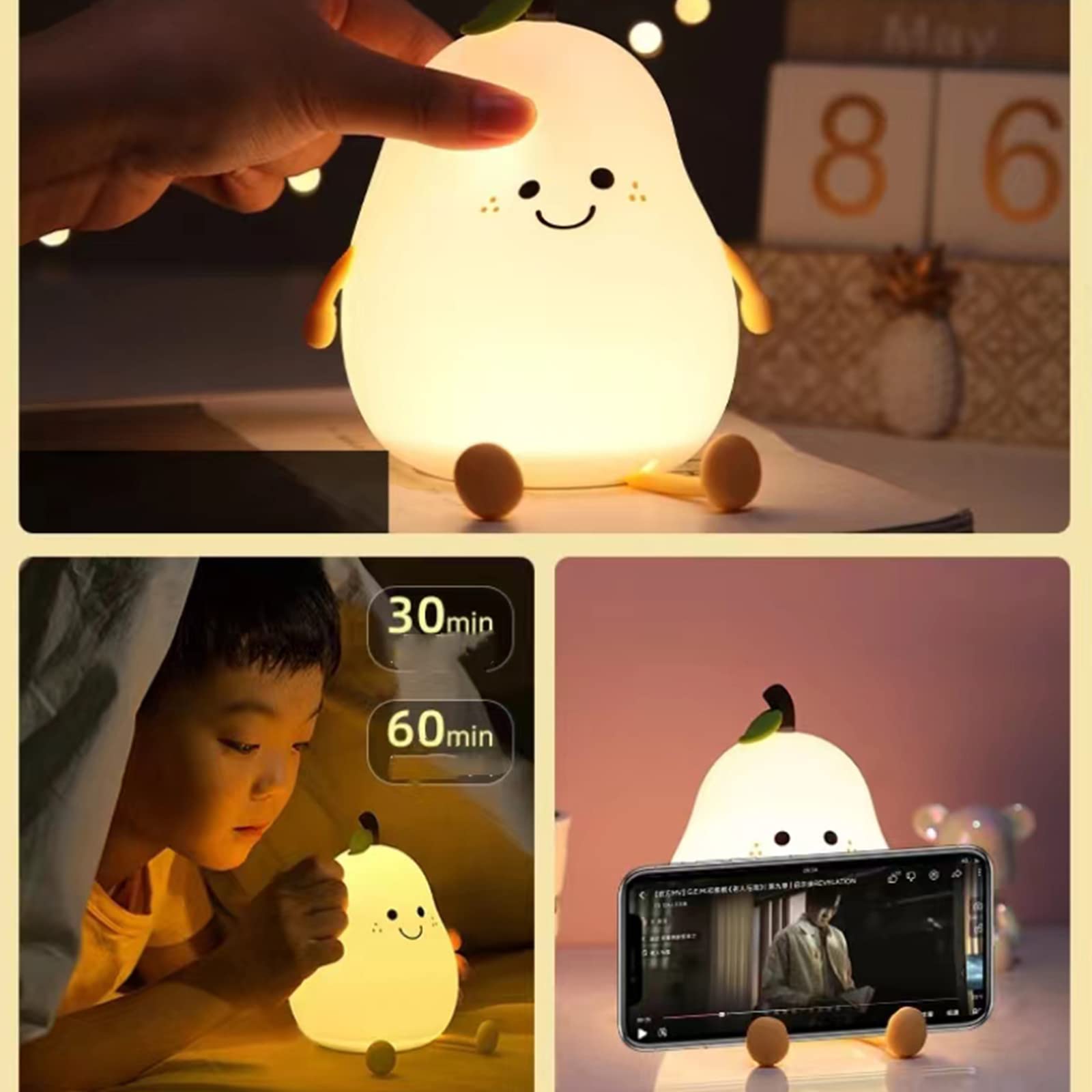 Neioaas Children's Cute Lamp,Cute Night Light, Pear Shaped Night Light, Silicone Bedside Lamp Warm Lamp 7 Color USB Charging Mini Table Lamp, Bedroom Decoration, Children's Gift Valentine's Day Gift