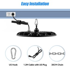 2 Pack 300W UFO LED High Bay Light, 30000LM LED High Bay Light Fixture with 110V US Plug, 6500K Daylight White Commercial Warehouse Area Light for Wet Location Area, Workshop, Warehouse, Garage