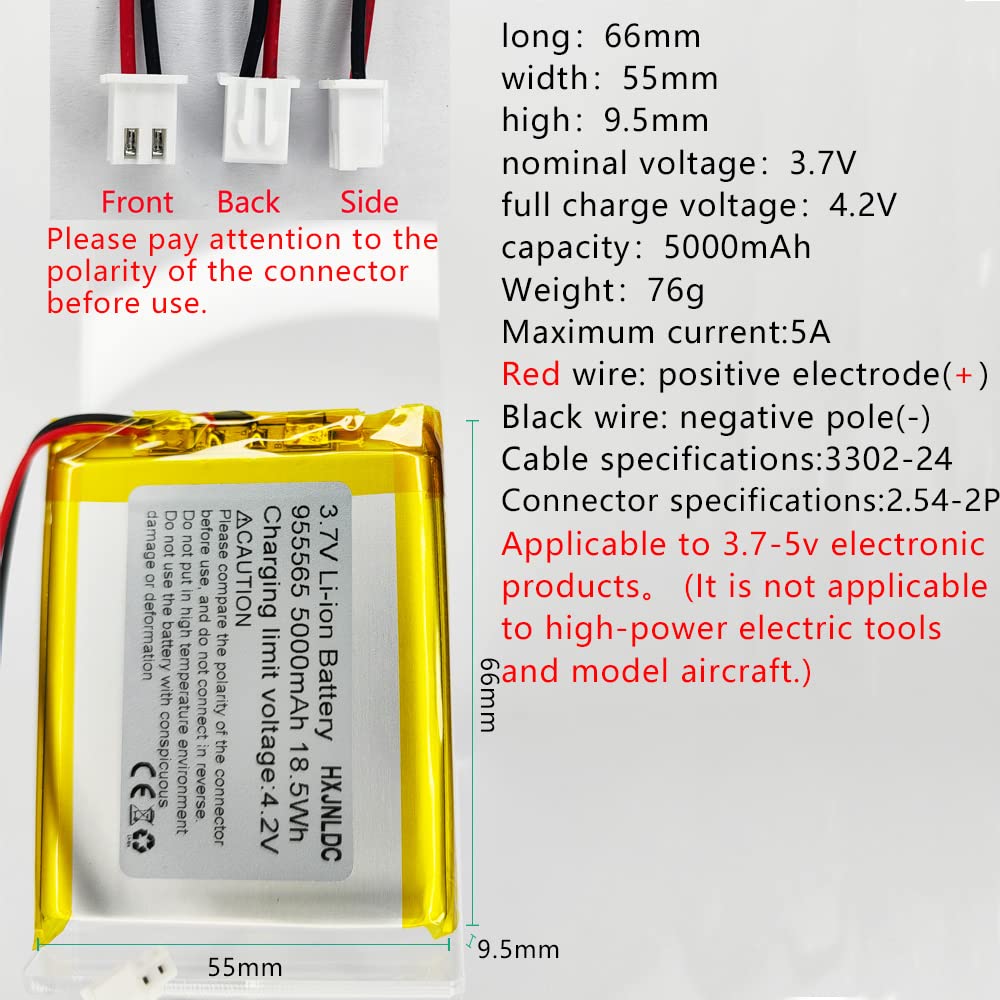 HXJNLDC DC 3.7V 5000mAh 955565 li-ion Lithium Ion Polymer Battery Replacement for DIY 3.7-5V Electronic Product, Mobile Energy Storage Power Supply