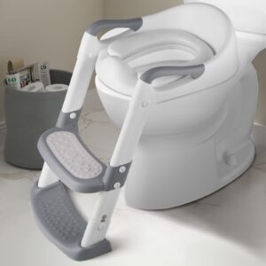 temfau potty training seat with anti-slip step ladder, foldable toilet seat with splash guard & soft cushion for toddler kids, height adjustable potty training toilet for boys girls, grey