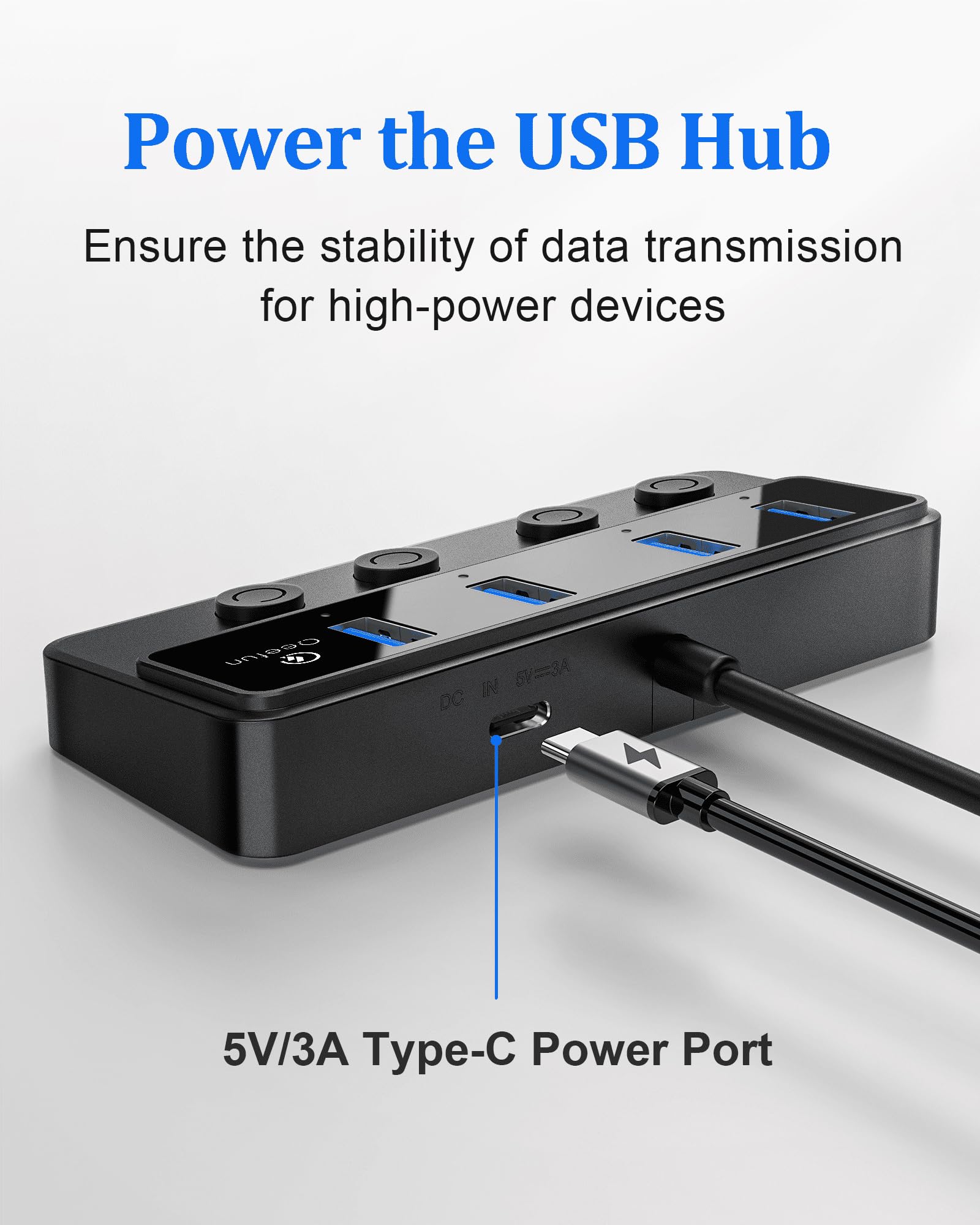 Qeefun 4-Port USB Hub 3.0, Individual LED Power Switches USB Extension 2ft USB Extender 5V/3A USB Adapter for Laptop, PC, USB Flash Drives, and More……