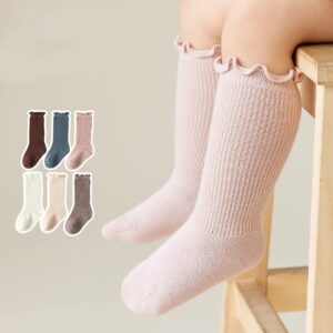 FYLuoke Baby Knee High Stockings Socks Girls Newborn Infants Long Socks Boys Toddlers Ruffled Socks(Knee-High 6 Pairs,1-3T)