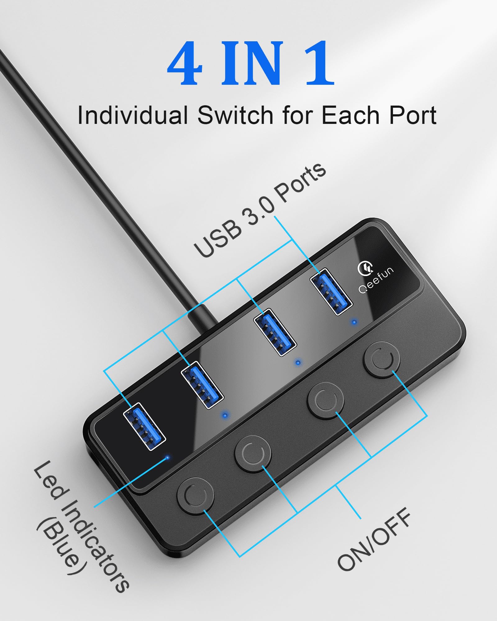 Qeefun 4-Port USB Hub 3.0, Individual LED Power Switches USB Extension 2ft USB Extender 5V/3A USB Adapter for Laptop, PC, USB Flash Drives, and More……