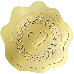 pigpotparty 500 pcs gold embossed wax seal-like (heart) envelope seal, foil love stickers for valentine day/wedding/bridal shower invitations-thank you greeting cards-party favors, self-adhesive