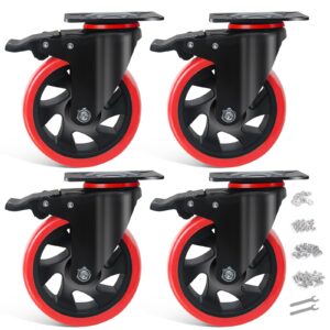 5 inch caster wheels with brake, casters set of 4 heavy duty 2000lbs, safety dual locking industrial casters, polyurethane foam no noise wheels for cart, workbench(two hardware kits provided)