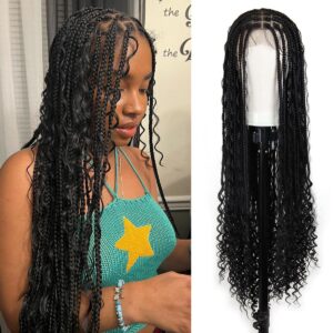 sangtok boho braided wigs for black women, 36 inch knotless full lace boho box braid wig, glueless braided wigs with bohemian curly ended double full lace goddess braided wig …