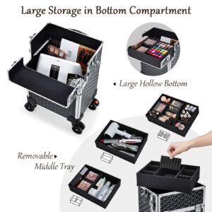 Professional Rolling Makeup Case, 3 in 1 Makeup Train Case, Cosmetology Case on Wheels, Large Makeup Trolley Salon Barber Traveling Trunk Suitcase for Makeup School Nail Tech Hairstylist MUA, Black