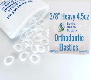 3/8 inch orthodontic elastic rubber bands - 100 pack - clear latex free, heavy 4.5 ounce small rubberbands, braces, dreadlocks hair braids , tooth gap, packaging, crafts - sonic dental supply - made