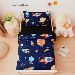 ntbed 4 pieces toddler bedding set for baby girls boys,galaxy space planet printed, includes comforter, flat sheet, fitted sheet and pillowcase