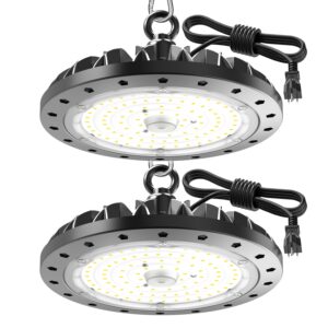 2 pack 300w ufo led high bay light, 30000lm led high bay light fixture with 110v us plug, 6500k daylight white commercial warehouse area light for wet location area, workshop, warehouse, garage