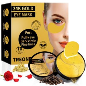 24k gold eye masks for dark circles and puffiness 70pcs, under eye patches gel pads for puffy eyes treatment w/collagen, caffeine, peptides for eye bags treatment, gel eye mask skincare