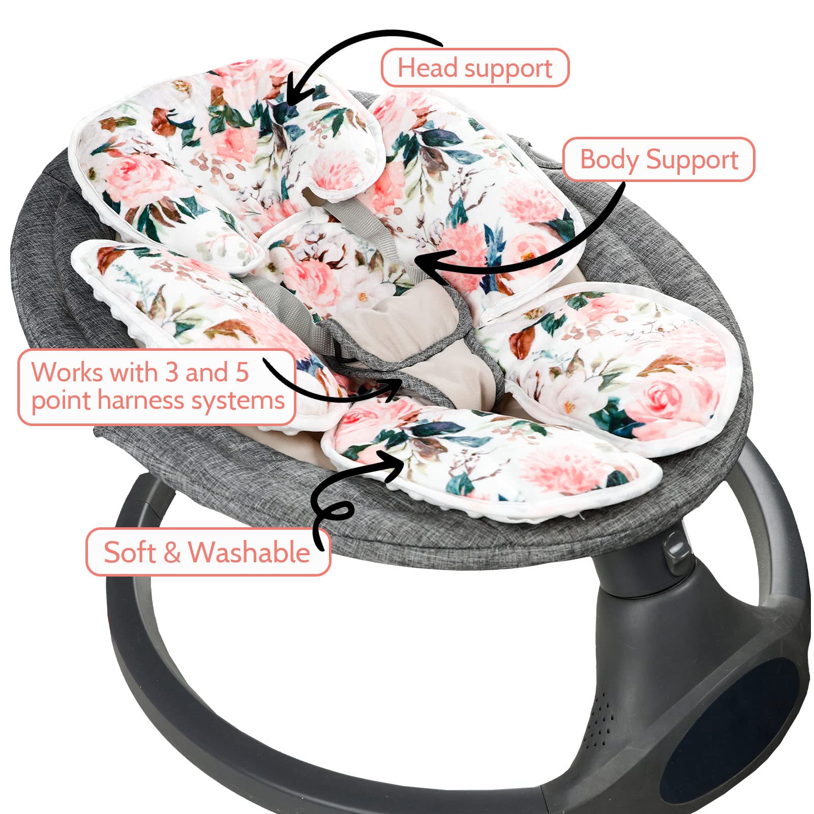 DILIMI Infant Car Seat Insert, 2-in-1 Carseat Head Support for Newborn, Soft Baby Head Support for Car Seat, Stroller, Bouncers, Pink Flower