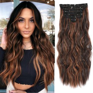 nayoo clip in hair extensions for women 20 inch long wavy curly auburn mix chestnut hair extension full head synthetic hair extension hairpieces(6pcs,auburn mix chestnut)