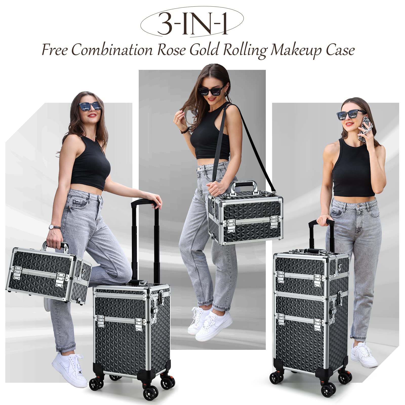 Professional Rolling Makeup Case, 3 in 1 Makeup Train Case, Cosmetology Case on Wheels, Large Makeup Trolley Salon Barber Traveling Trunk Suitcase for Makeup School Nail Tech Hairstylist MUA, Black