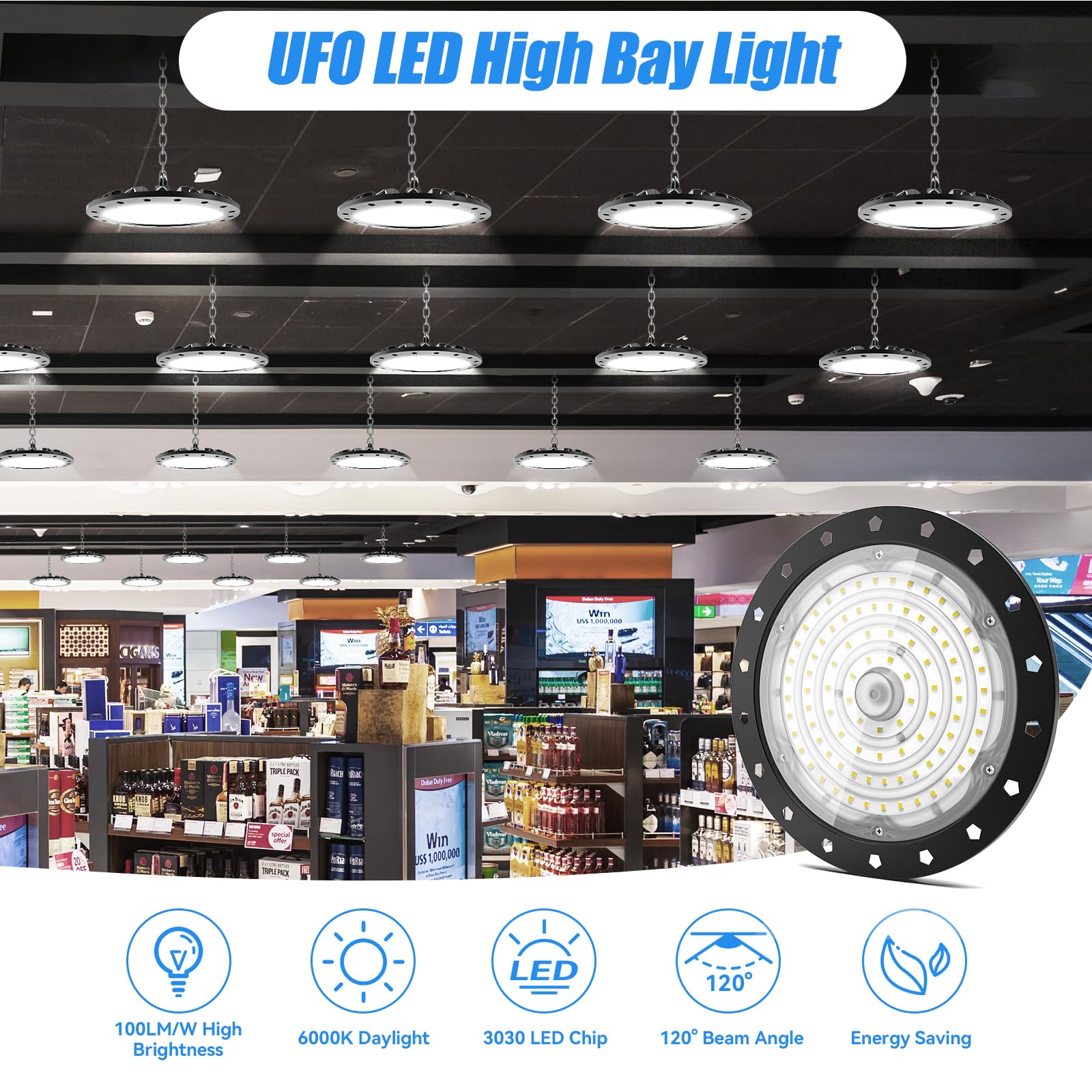 2 Pack 300W UFO LED High Bay Light, 30000LM LED High Bay Light Fixture with 110V US Plug, 6500K Daylight White Commercial Warehouse Area Light for Wet Location Area, Workshop, Warehouse, Garage