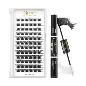 quewel cluster lashes 72 pcs wide stem individual lashes c/d curl 8-16mm length + lash bond and seal, lash cluster glue for diy eyelash extensions