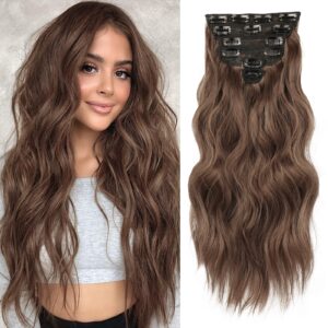 nayoo clip in hair extensions for women 20 inch long wavy curly chestnut brown hair extension full head synthetic hair extension hairpieces(6pcs,chestnut brown)