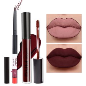 amy's diary 2pcs matte dark red lip liner and lipstick makeup set, liquid lipstick 24h and lip liner set matt liquid lips make up waterproof long lasting lipstick matte kit (#17)